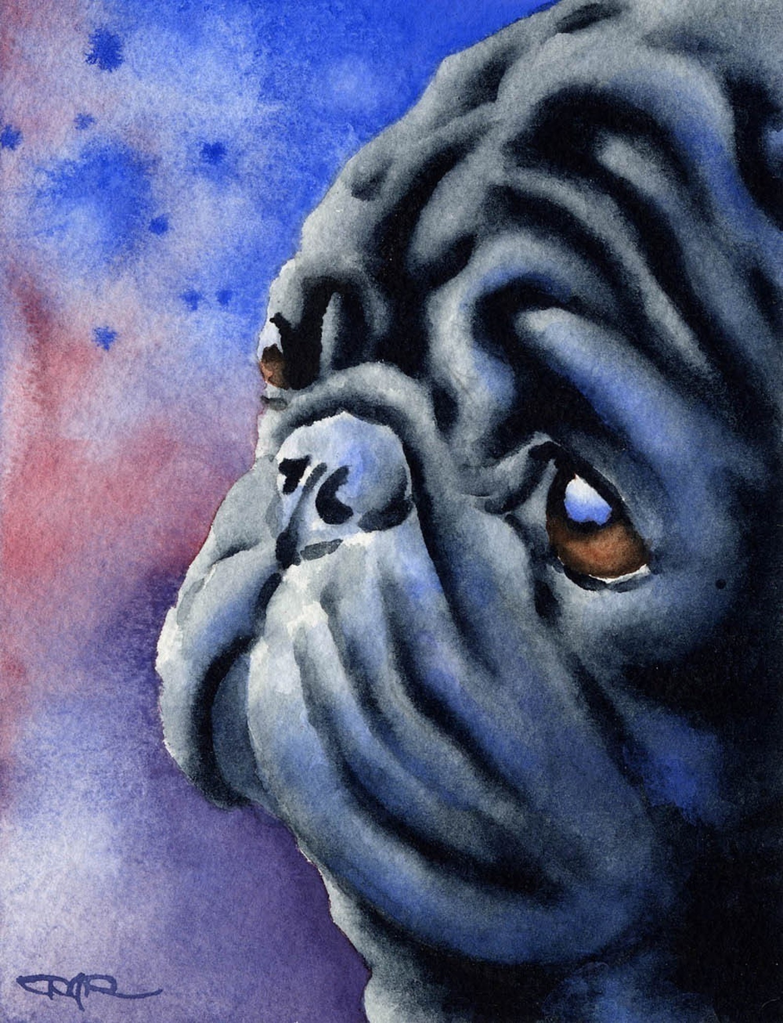 BLACK PUG Watercolor Painting Art Print by Artist DJ Rogers - Etsy