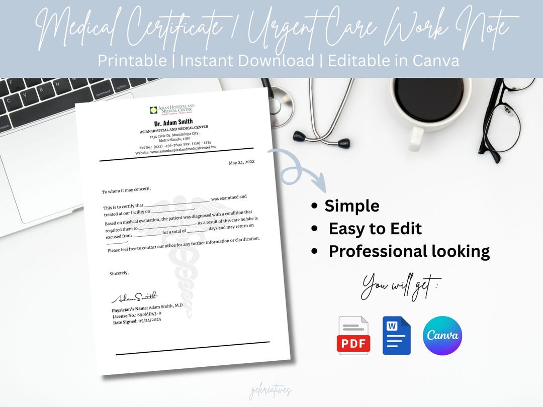 Urgent Care Medical Certificate Template | Printable Doctor’s Note | Editable Sick Note for Work ...