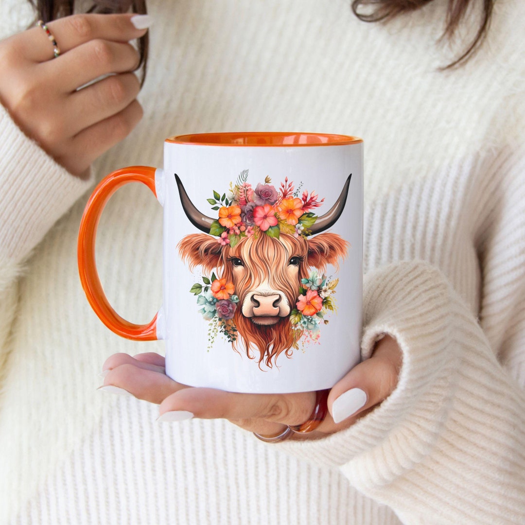 Floral Highland Cow Mug | Modern Farmhouse Cow | Boho Cow Mug | Country ...