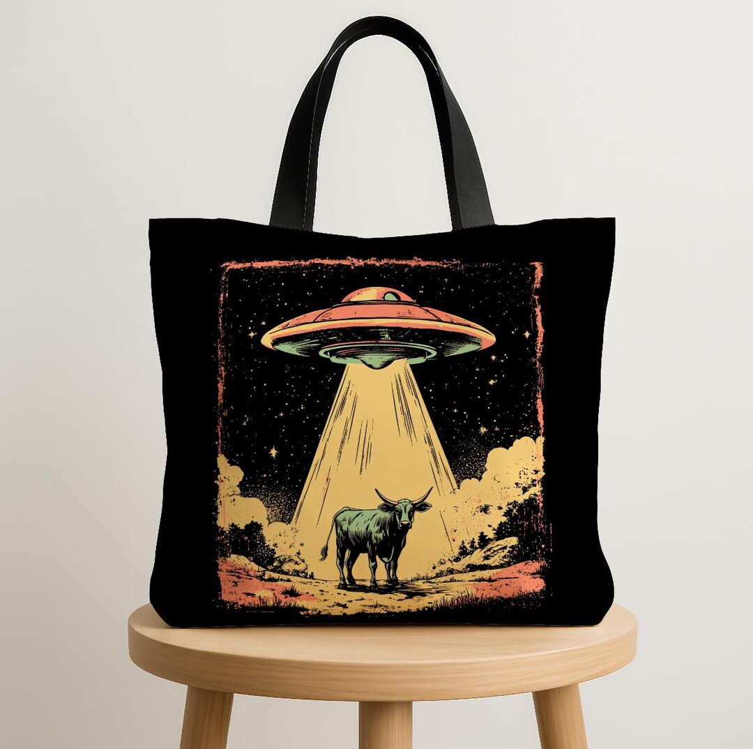 UFO Cow Tote Bag Gift, Retro Alien Lover Western Book Bag for Students ...