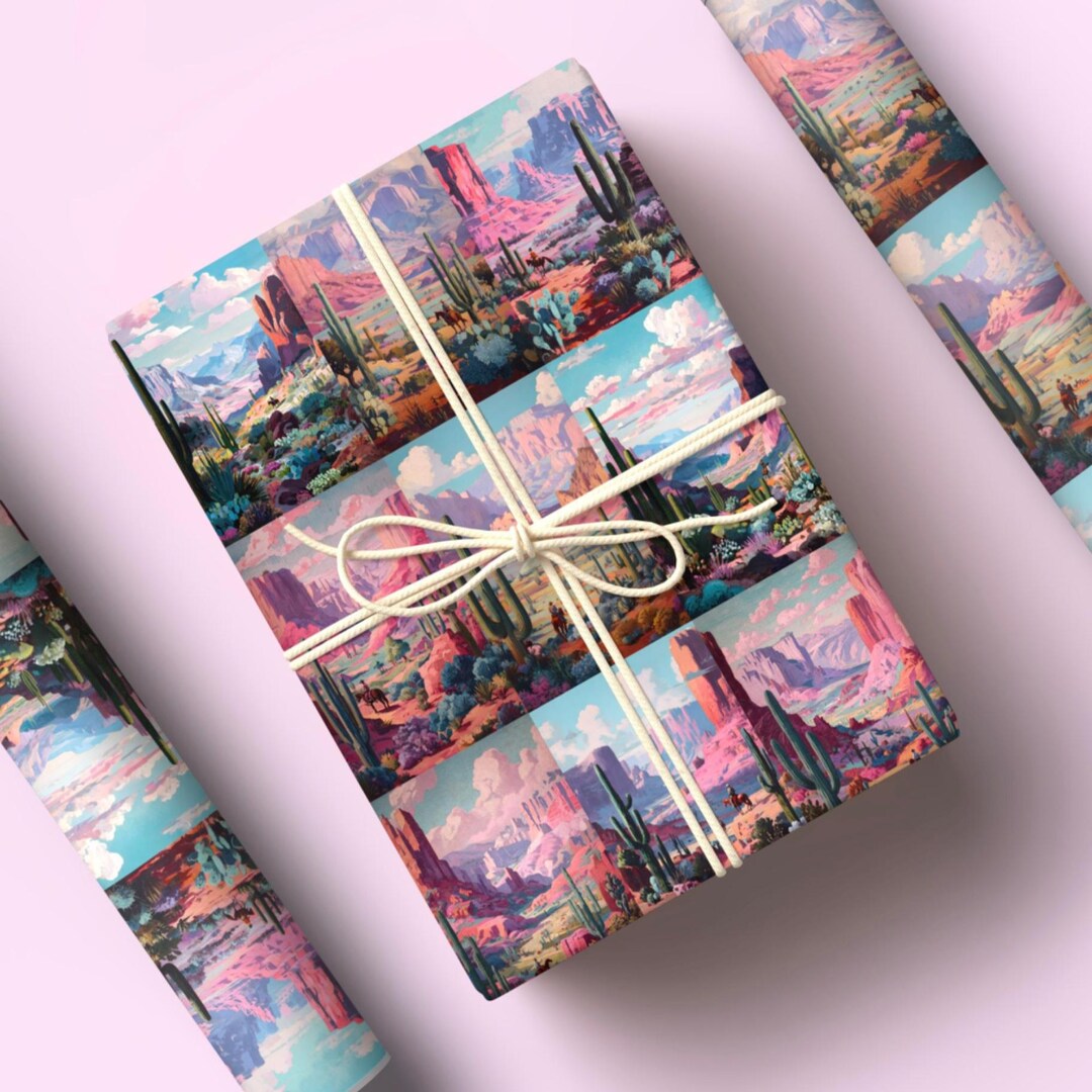 Retro Western Desert Cowboy Wrapping Paper | Vintage Cactus Landscape ...