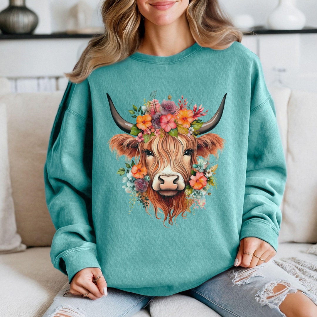 Floral Highland Cow Sweatshirt | Modern Farmhouse Cow | Boho Cow ...