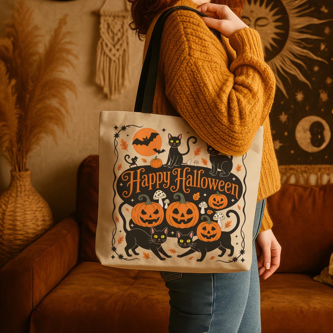 Happy Halloween Tote Bag With Black Cats and Pumpkins, Cute Spooky Fall ...