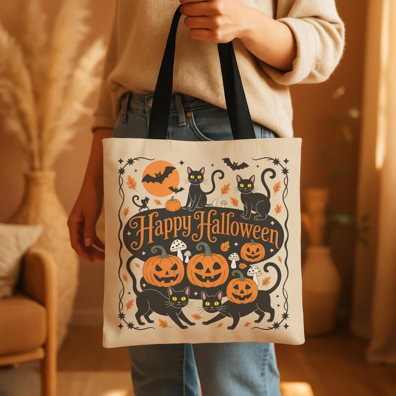 Happy Halloween Tote Bag With Black Cats and Pumpkins, Cute Spooky Fall ...