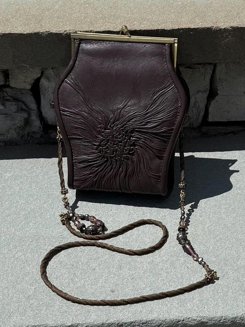 Brown Leather Purse Pocketbook With Mesh and Beads Strap - Hand Made ...