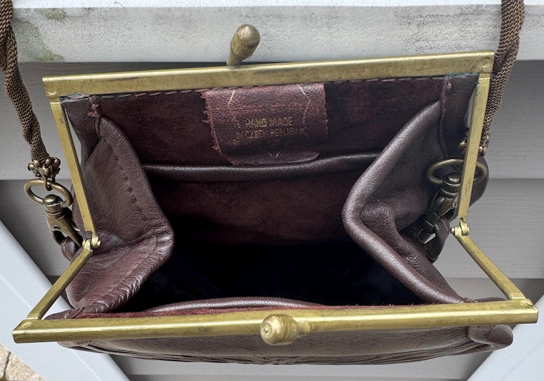 Brown Leather Purse Pocketbook With Mesh and Beads Strap - Hand Made ...