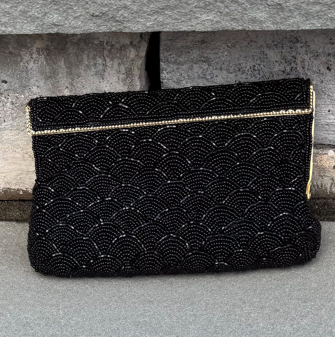 Vintage Walborg Black Seed Bead Gold Trim Evening Bag Clutch Snake ...