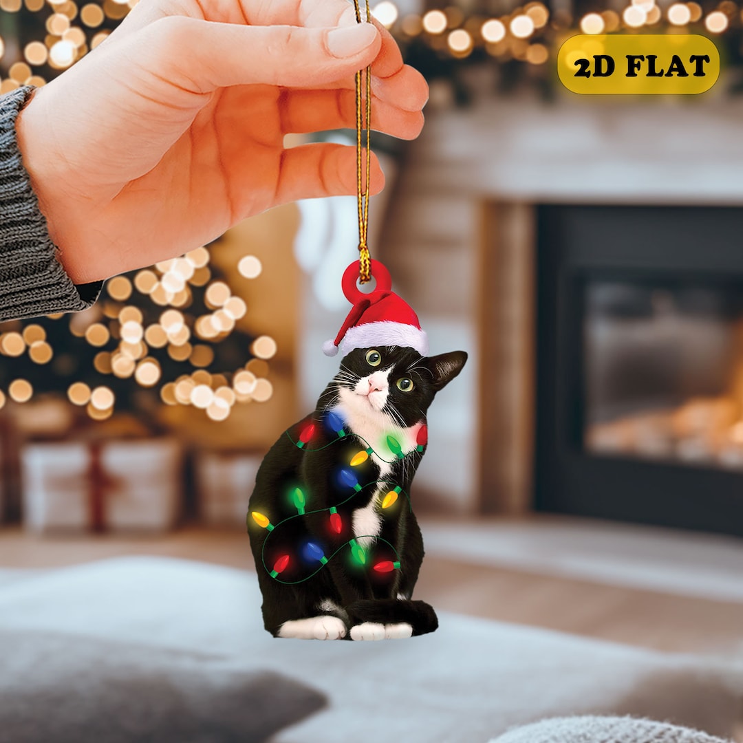 Tuxedo Cat Flat 2D Ornament, Cat Christmas Tree Ornament, Black & White ...