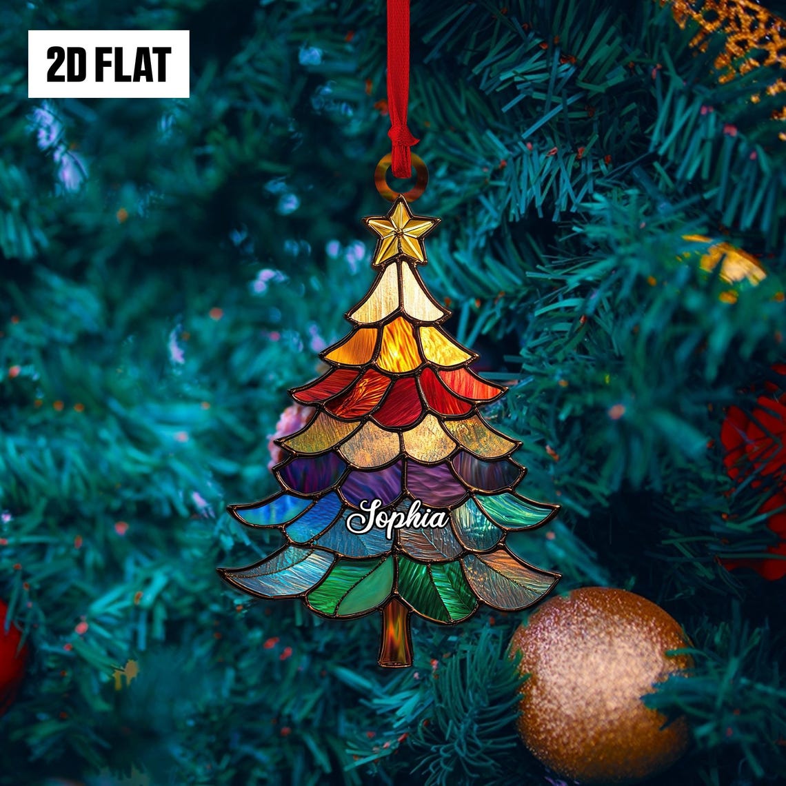 Personalized Christmas Tree 2D Flat Ornament, Custom Name Rainbow Tree ...