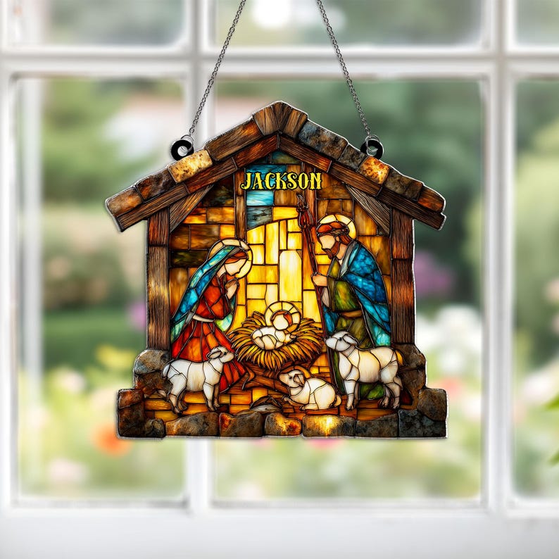 Personalized Nativity Scene Suncatcher, Faux Stained Acrylic Christian ...