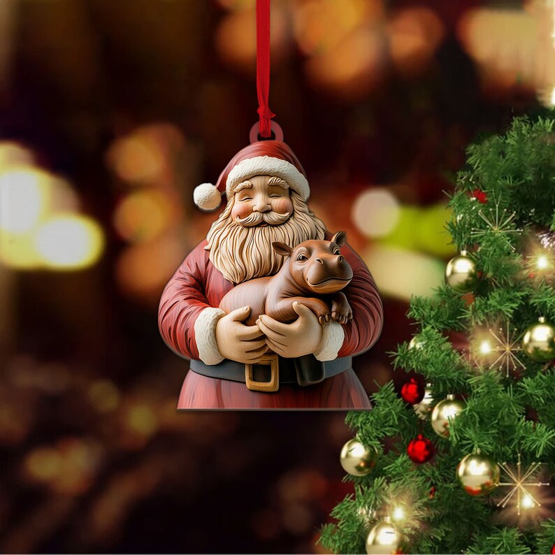 Cute Baby Hippo Moo Deng 2D Flat Ornament, Santa Hug Moo Deng Ornament ...
