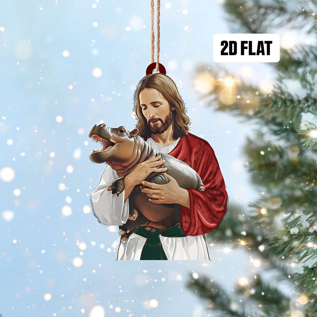 Jesus Holding Moo Deng 2D Flat Ornament, Hippo Rearview Mirror Car ...