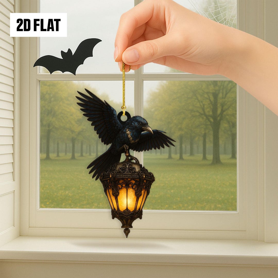 Raven Gothic on Lantern 2D Acrylic Ornament, Halloween Ghost Window ...
