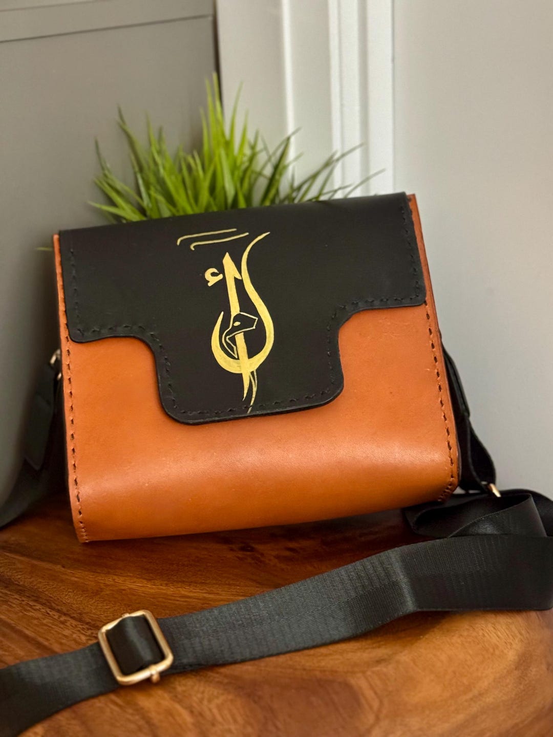 Atiq Brown Leather Crossbody Bag With Arabic Calligraphy Full Grain ...