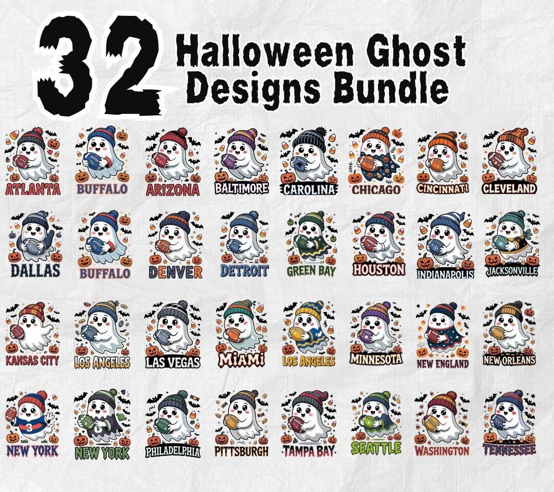 Halloween Ghost Football T-shirt Designs: 32 City PNG Bundle (digital ...