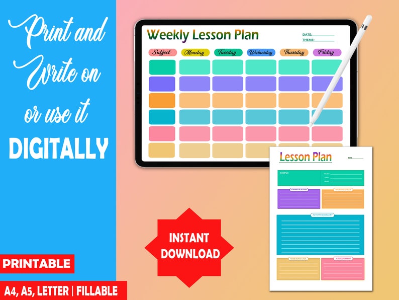 Colorful Lesson Plan Template, Printable & Fillable, Homeschool Teacher ...