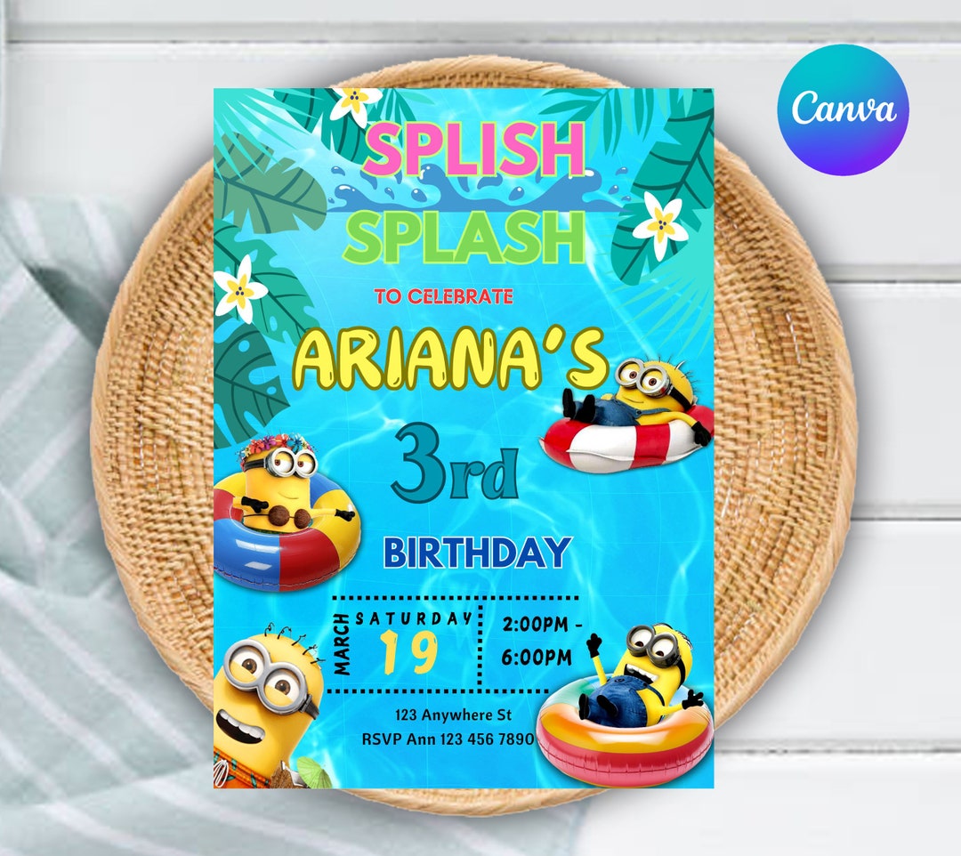 Editable Cute Minions Pool Party Birthday Invitation, Boys and Girls ...
