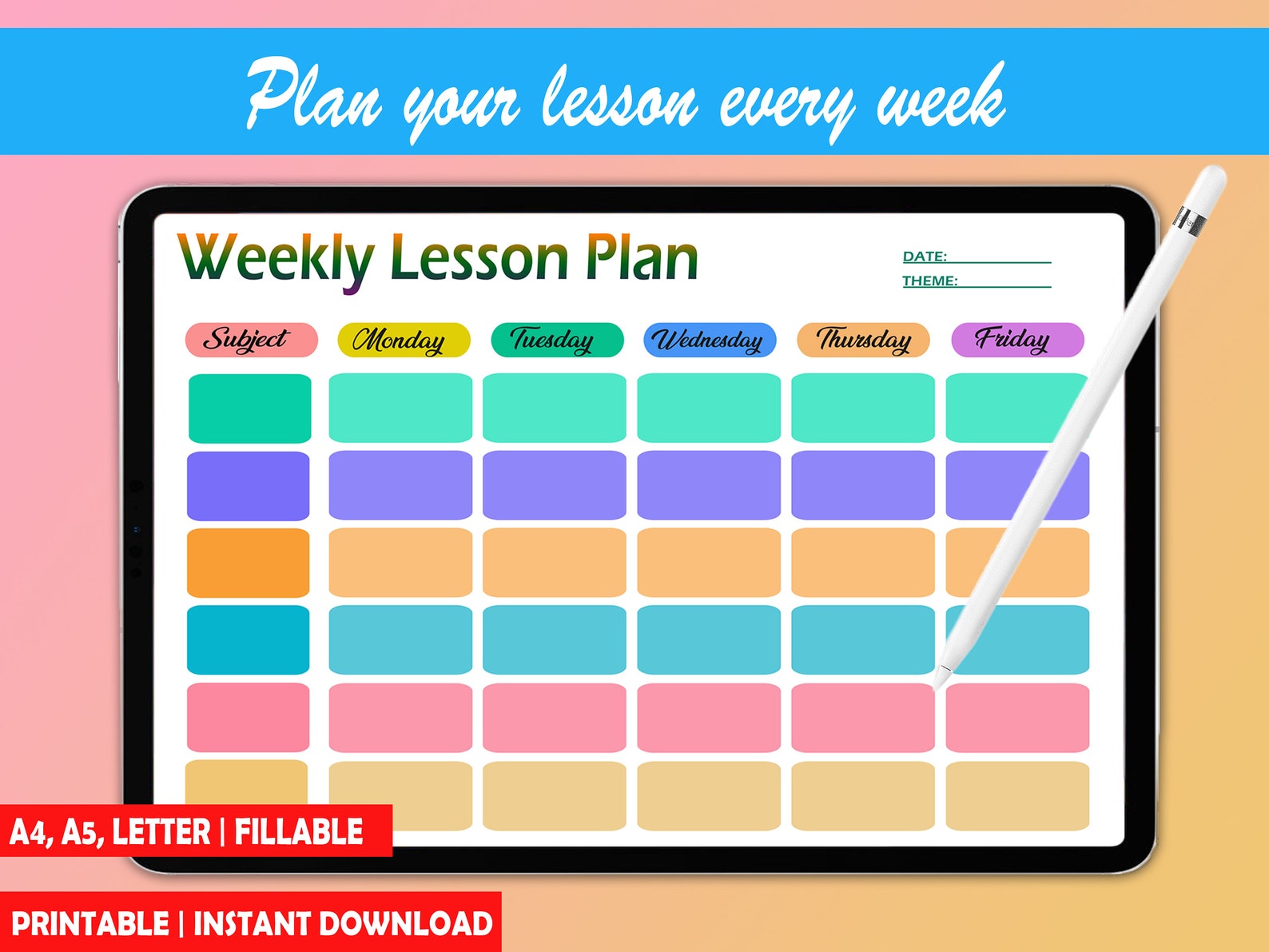 Colorful Lesson Plan Template, Printable & Fillable, Homeschool Teacher ...