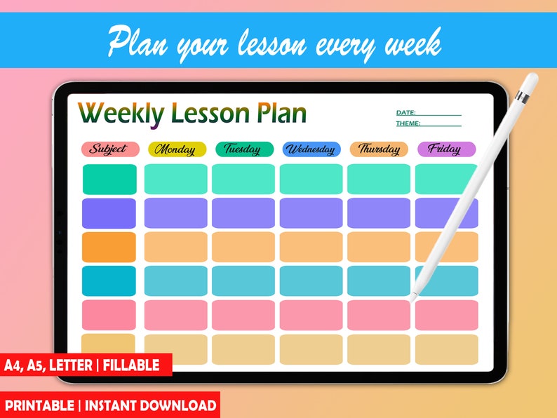 Colorful Lesson Plan Template, Printable & Fillable, Homeschool Teacher ...