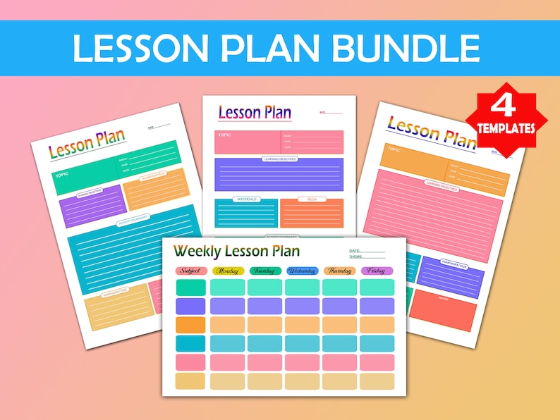 Colorful Lesson Plan Template, Printable & Fillable, Homeschool Teacher ...
