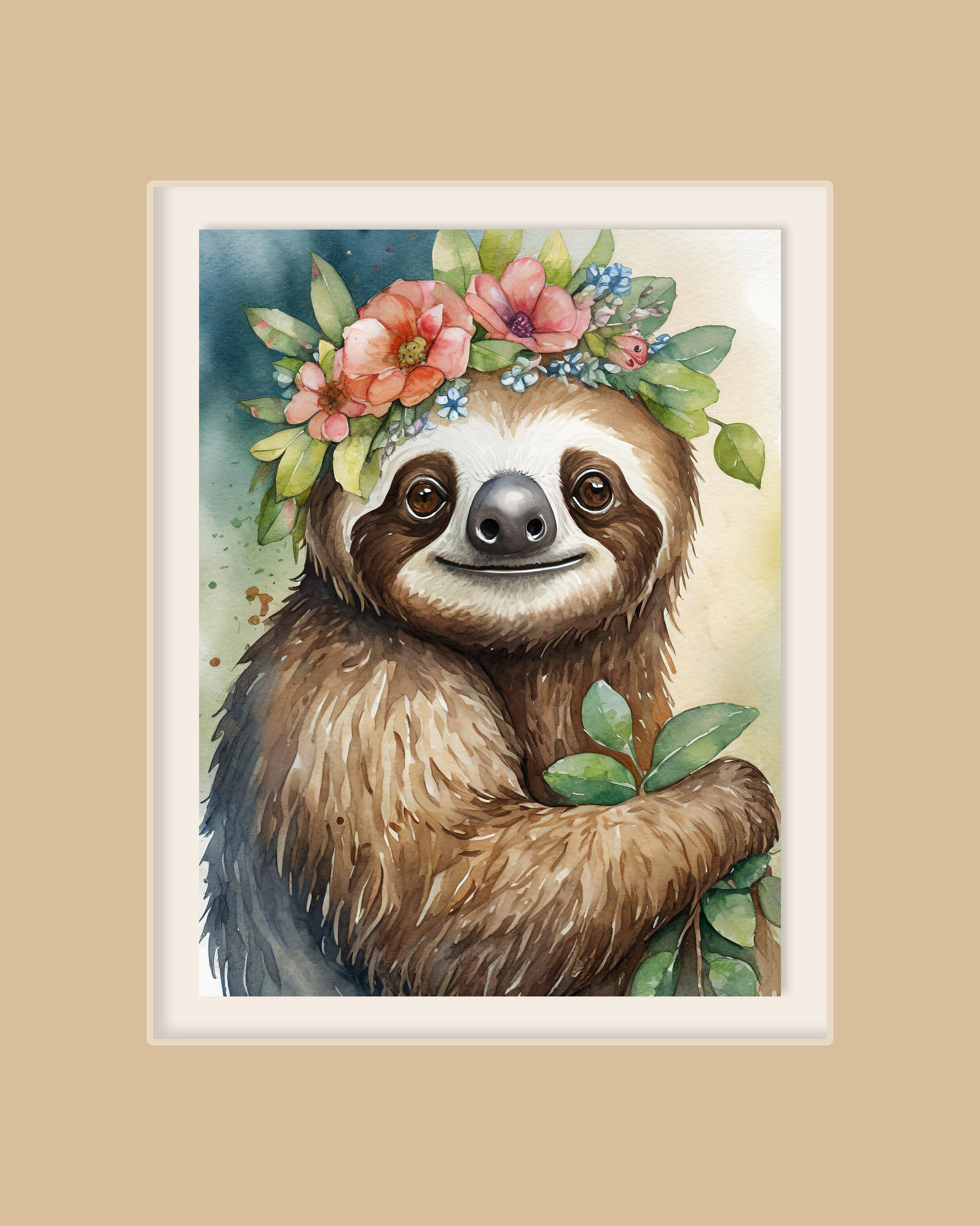 Sloth Wall Art Print, Cute Sloth, Flower Headband, Floral Art, Animal ...