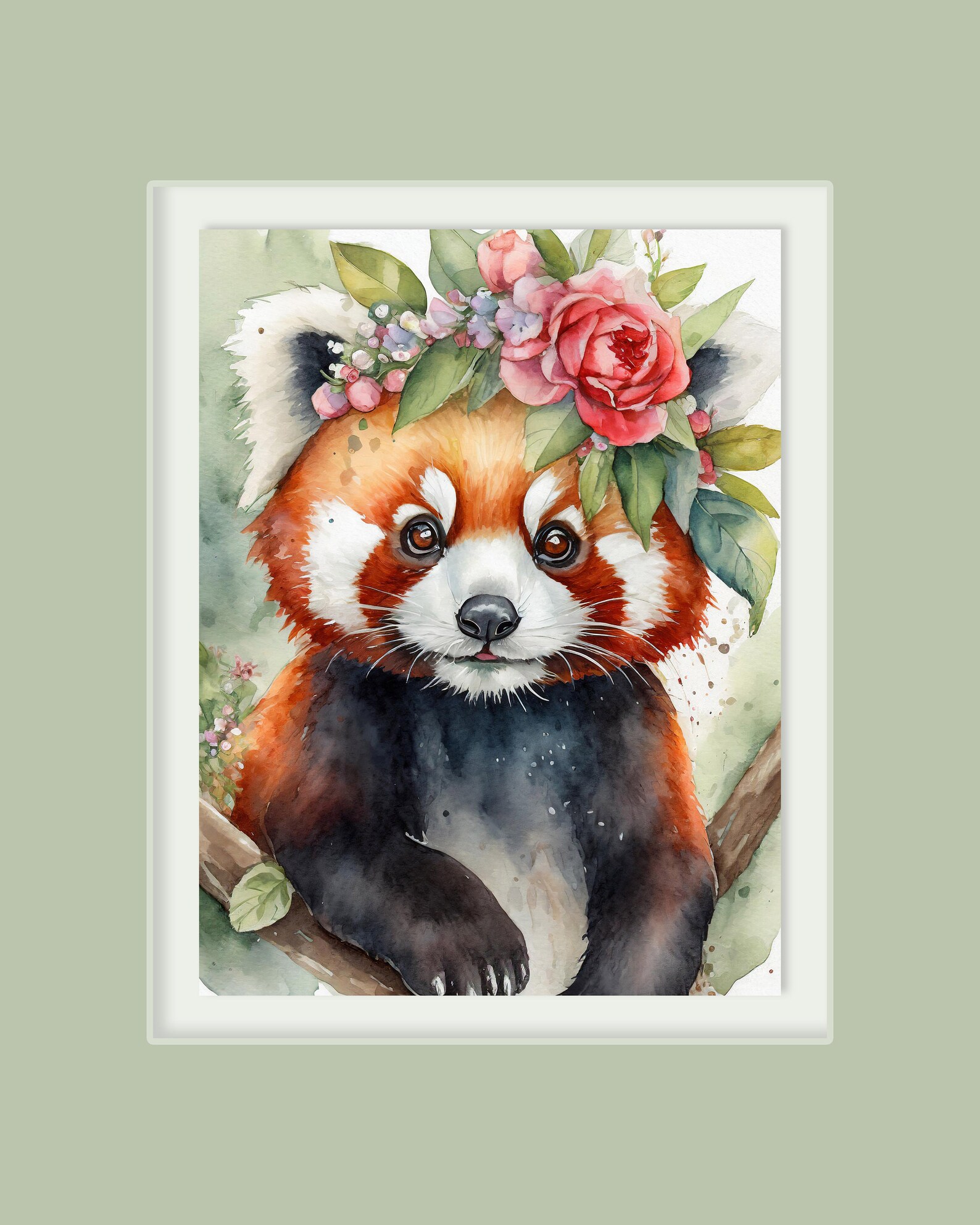 Red Panda Wall Art Print, Cute Red Panda, Flower Headband, Floral Art ...