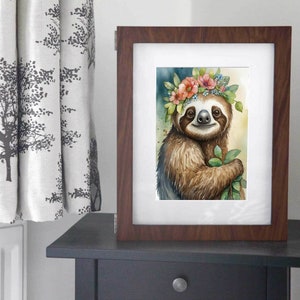 Sloth Wall Art Print, Cute Sloth, Flower Headband, Floral Art, Animal ...