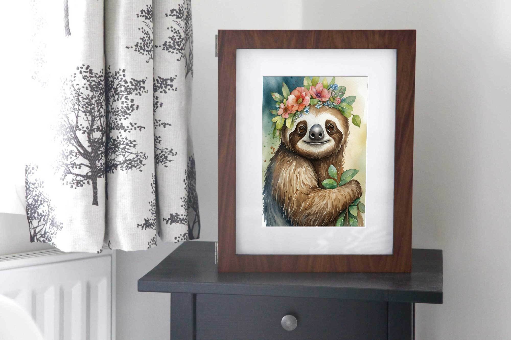Sloth Wall Art Print, Cute Sloth, Flower Headband, Floral Art, Animal ...
