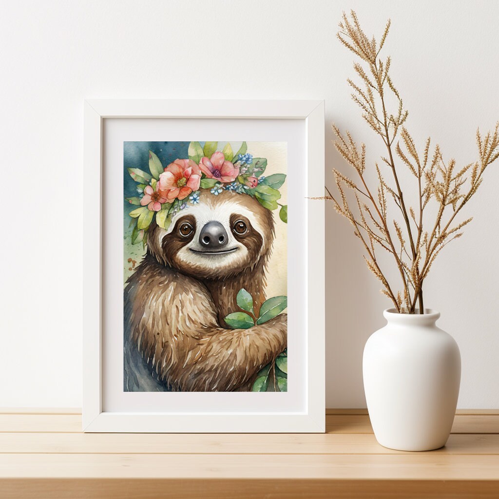 Sloth Wall Art Print, Cute Sloth, Flower Headband, Floral Art, Animal ...