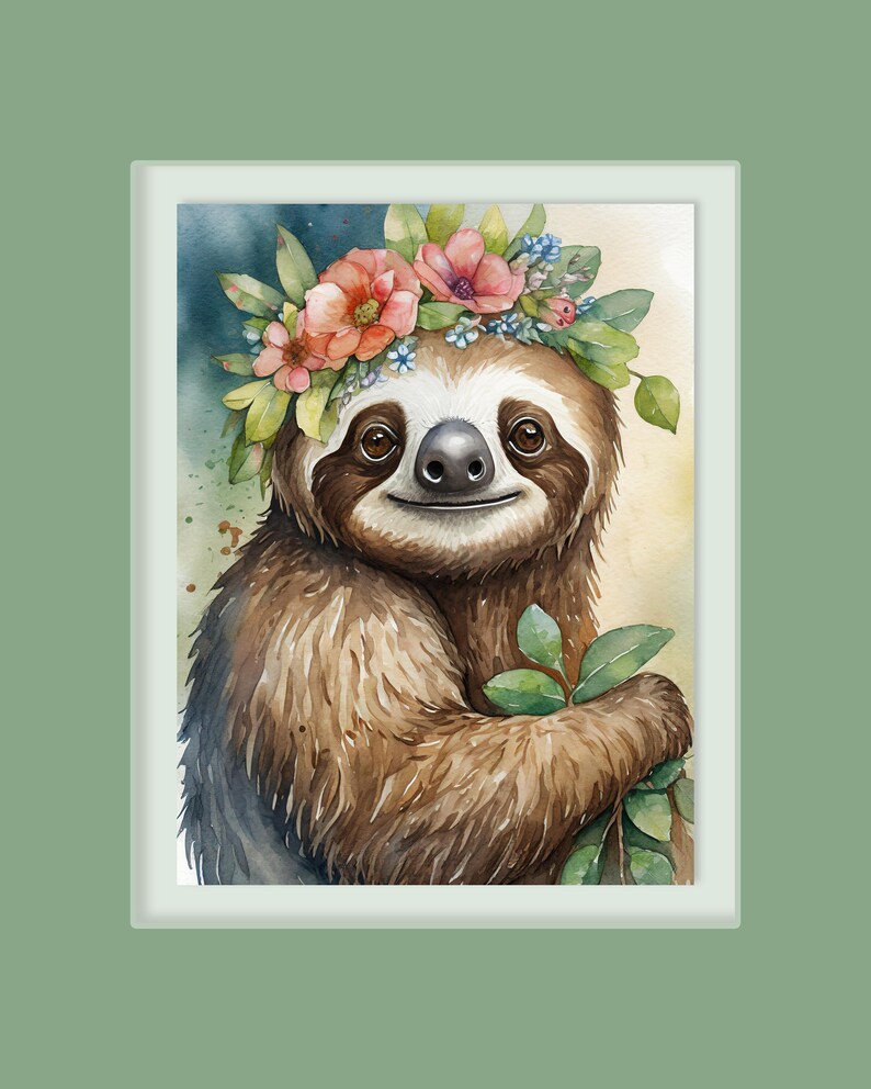 Sloth Wall Art Print, Cute Sloth, Flower Headband, Floral Art, Animal ...