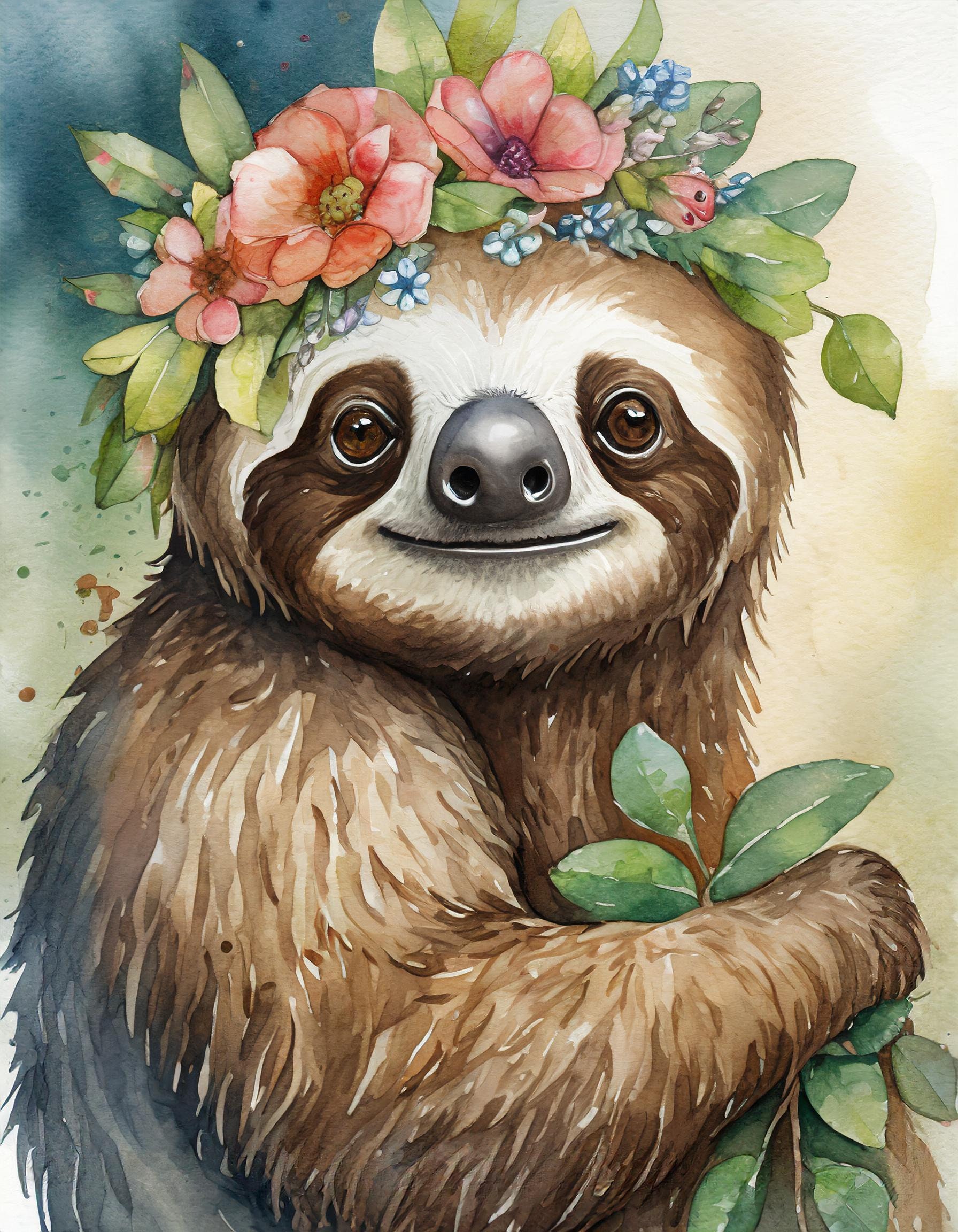 Sloth Wall Art Print, Cute Sloth, Flower Headband, Floral Art, Animal ...