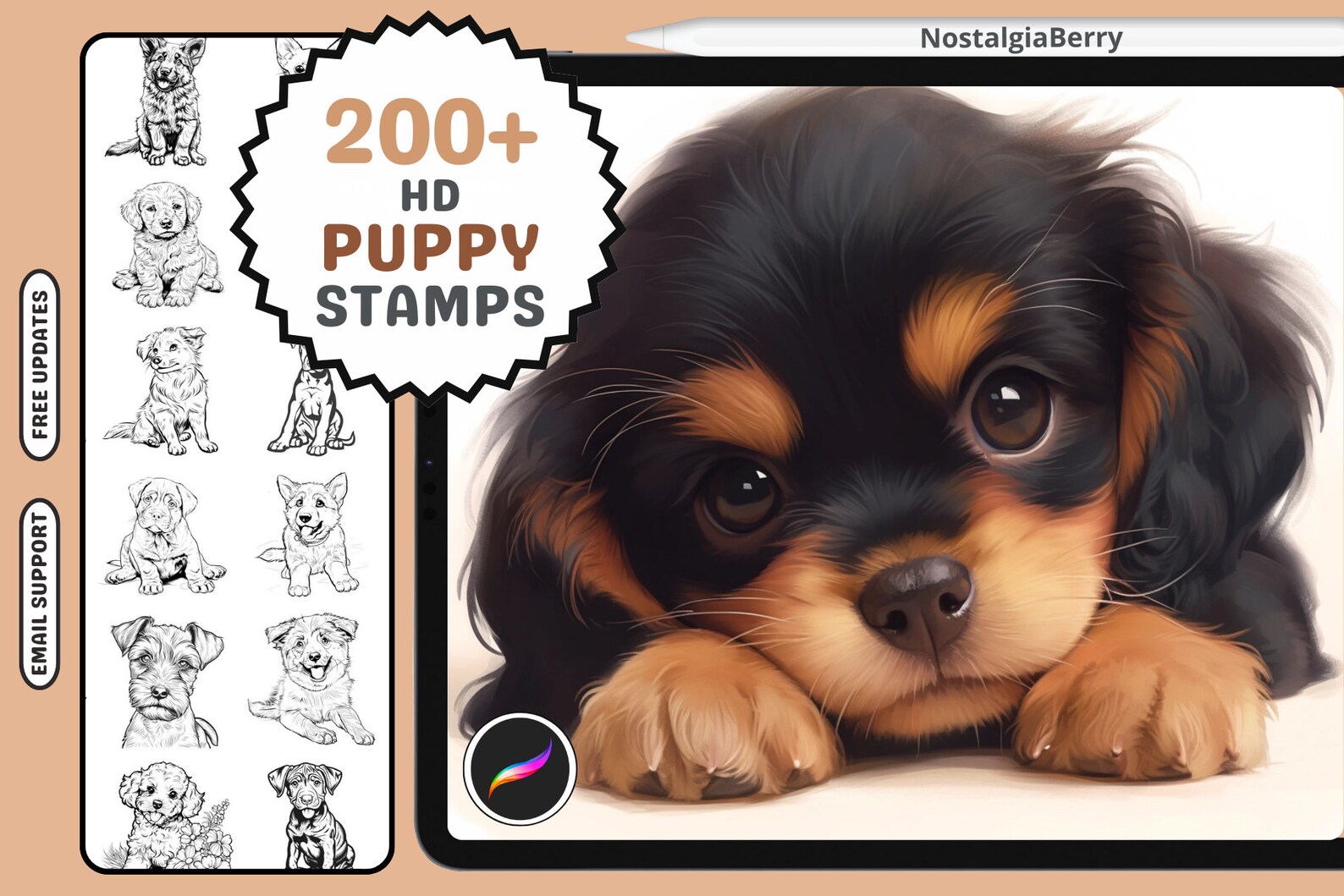 Procreate Brushes: Puppy Paradise, 200+ Dog Puppy Lineart Stamps and ...