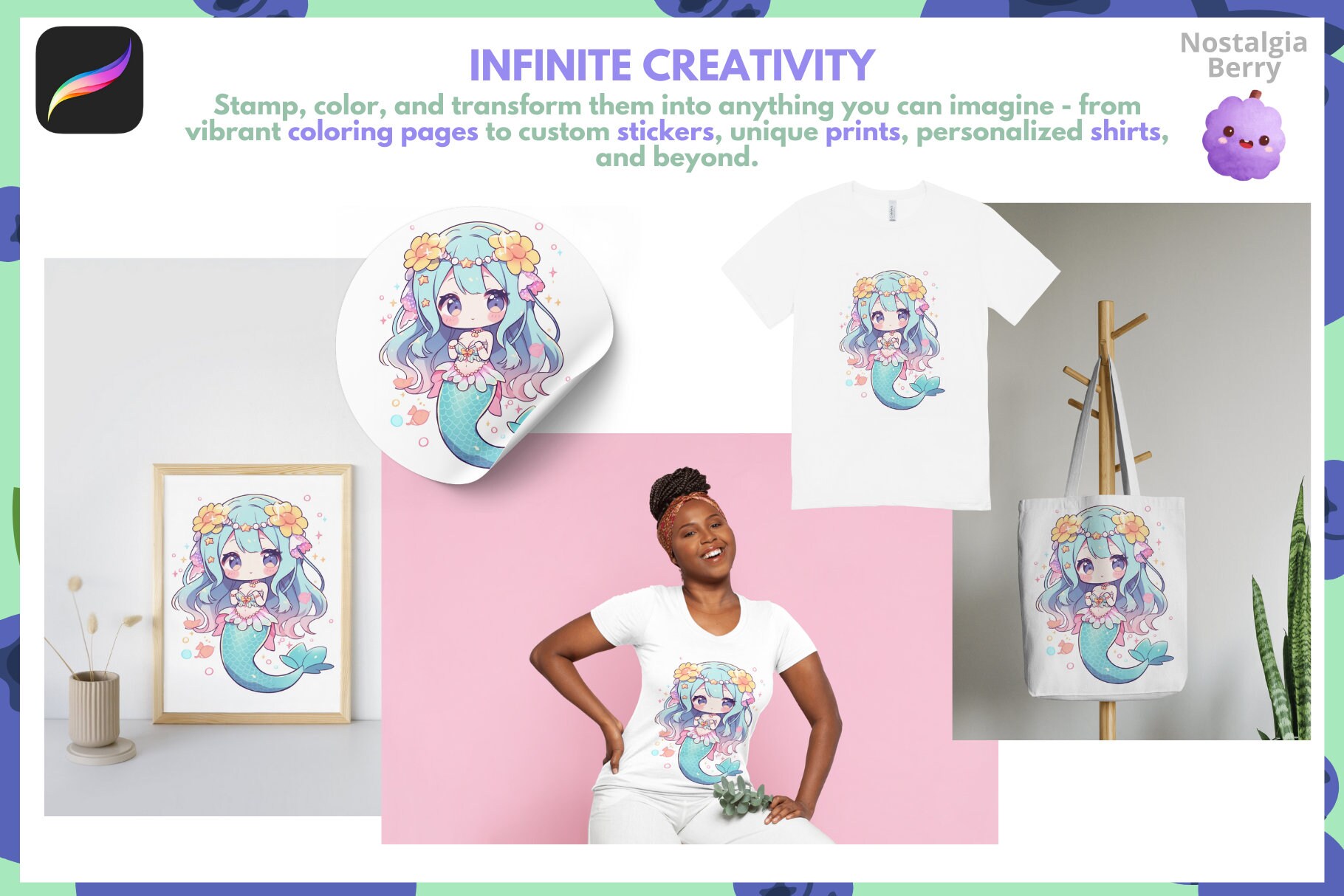 Procreate Stamps & Brushes: Kawaii Mermaid Magic, 200+ Cute Chibi Anime ...