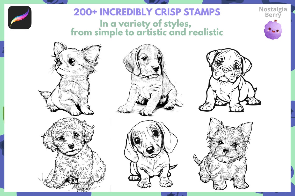 Procreate Brushes: Puppy Paradise, 200+ Dog Puppy Lineart Stamps and ...