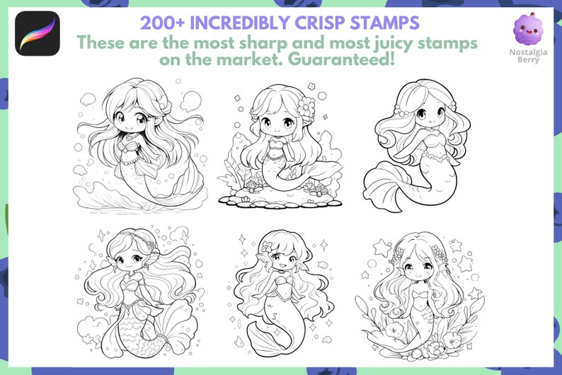 Procreate Stamps & Brushes: Kawaii Mermaid Magic, 200+ Cute Chibi Anime ...