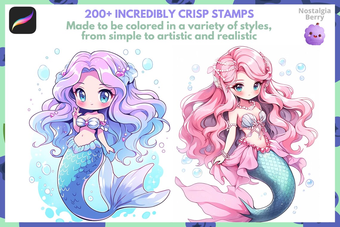 Procreate Stamps & Brushes: Kawaii Mermaid Magic, 200+ Cute Chibi Anime ...