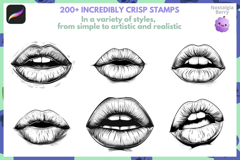 Procreate Brushes: Luscious Lips, 200+ Realistic Lip Lineart Stamps and ...