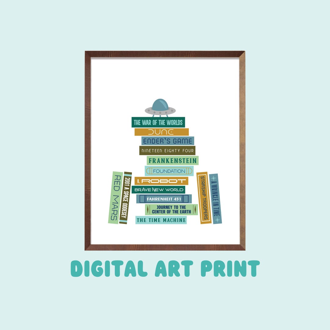 Classic Sci Fi Book Stack Digital Art Print, Science Fiction Books ...