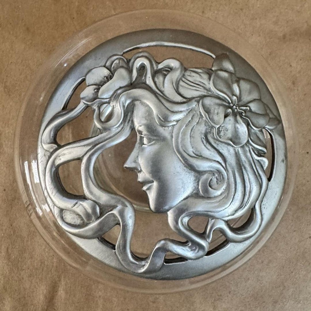 1988 Seagull Pewter Art Nouveau Lady & Flowers Potpourri Dish. 3” by 4. ...