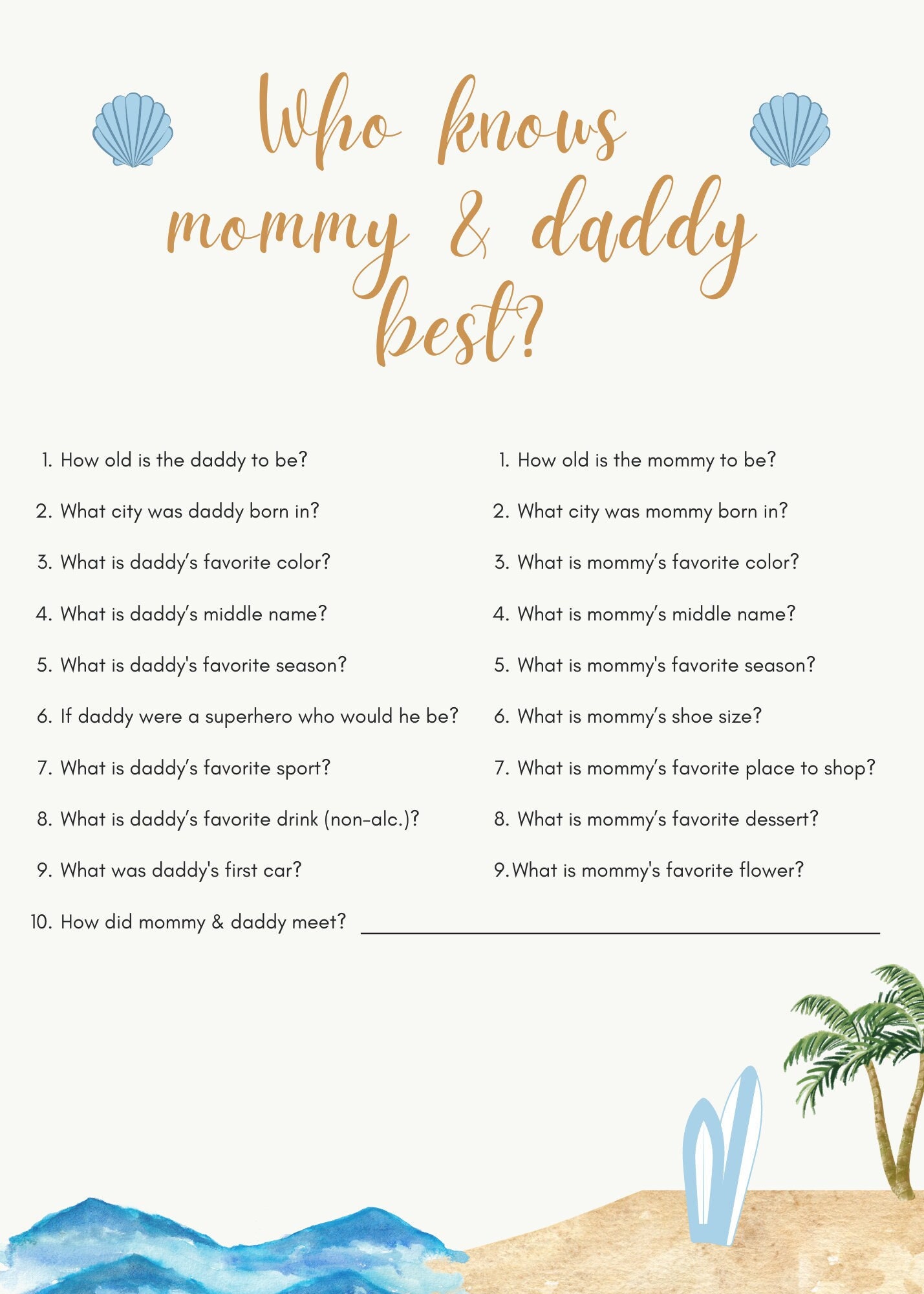 Tropical Beach Baby Shower Game - Canva Template - Etsy