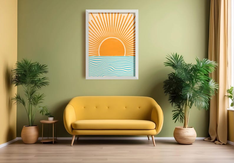 Aesthetic Bohemian Abstract Wall Art Golden Sunrise Over Waves Boho ...