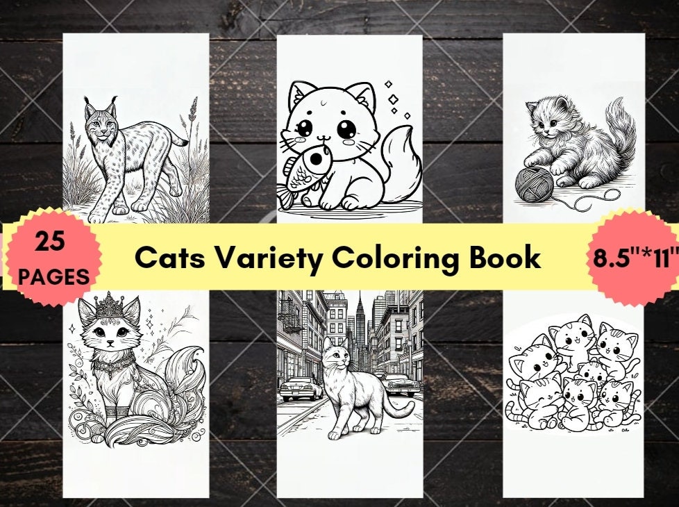25 Cat Coloring Page Bundle, Variety Coloring Book, Cats, Fun for Kids ...