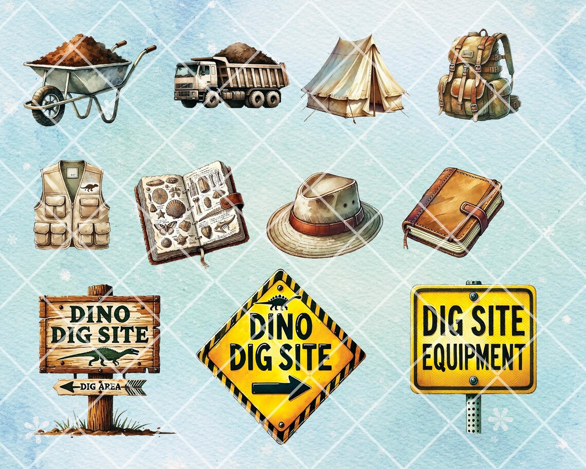 Dino Dig Site Watercolor Clipart Bundle, Dinosaur Fossil PNG (digital ...