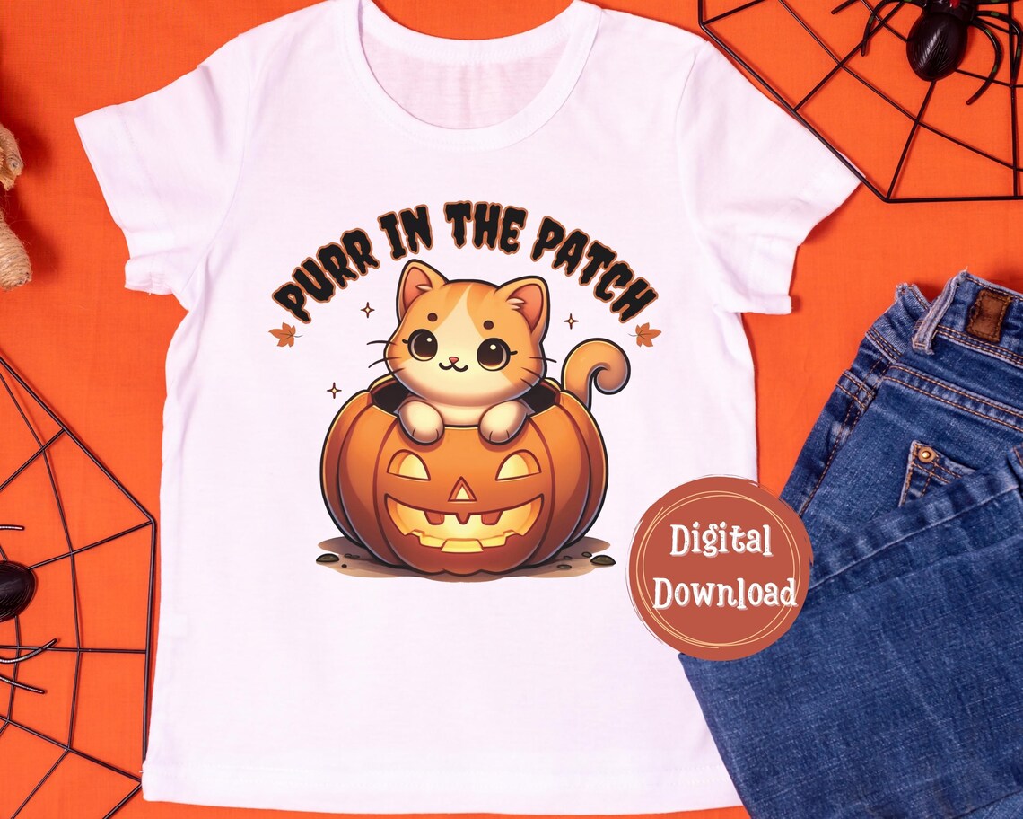 Cute Cat "purr in the Patch" PNG, T-shirt Design, Sublimation, Pumpkin, Halloween, Spooky, Ghost ...