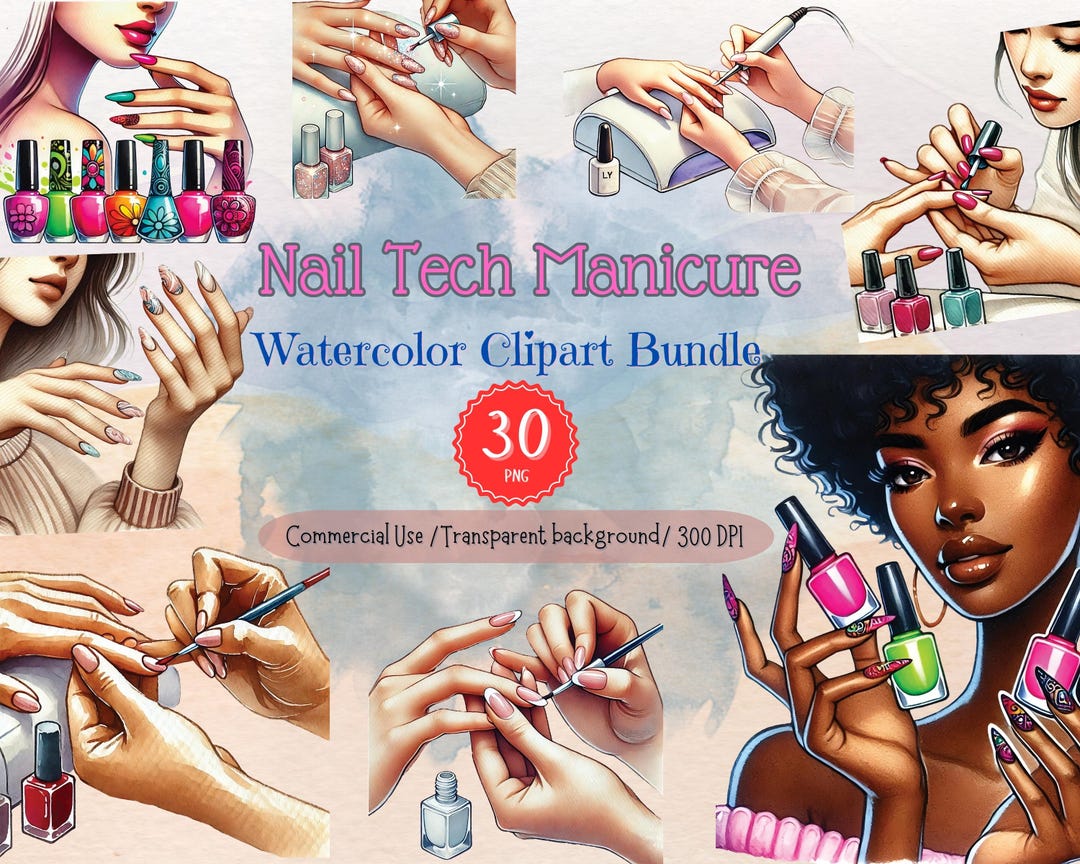 Nail Tech Manicure Clipart Bundle, Watercolor Clipart, Nail Technician ...