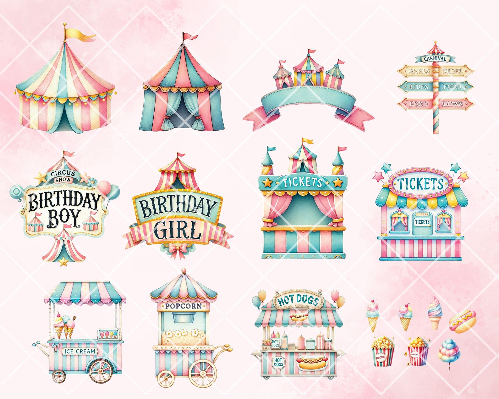 Cute Circus Carnival Clipart Bundle, Watercolor Circus PNG, Commercial ...