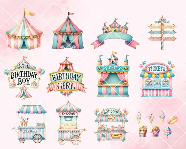 Cute Circus Carnival Clipart Bundle, Watercolor Circus PNG, Commercial ...