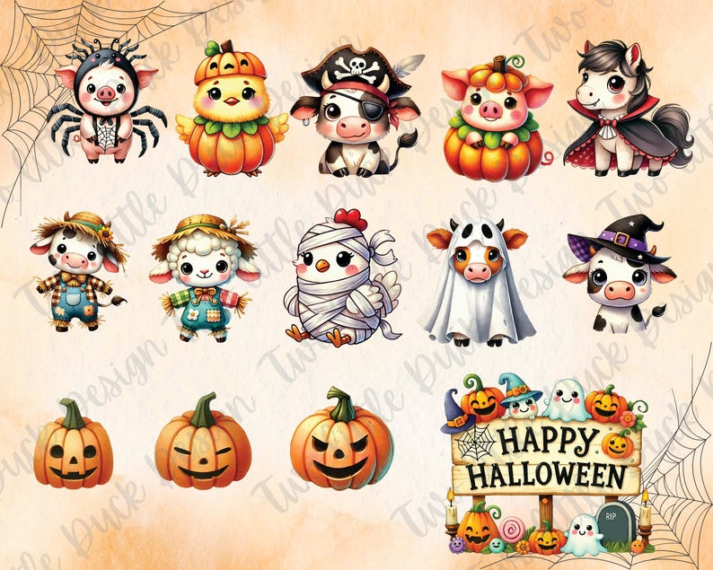 Farm Animal Halloween Clipart Bundle, Watercolor PNG (digital Download ...