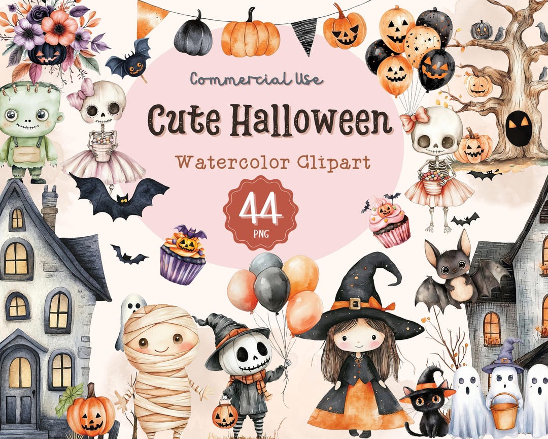 Cute Halloween Watercolor Clipart Bundle, Spooky, Ghost, Pumpkin, Witch ...