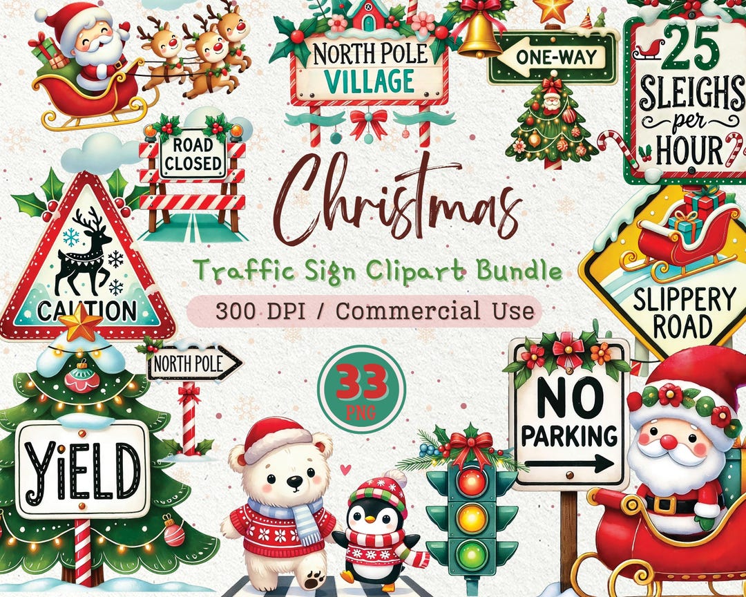 Christmas Santa Traffic Sign Clipart Bundle, Watercolor PNG, Commercial ...